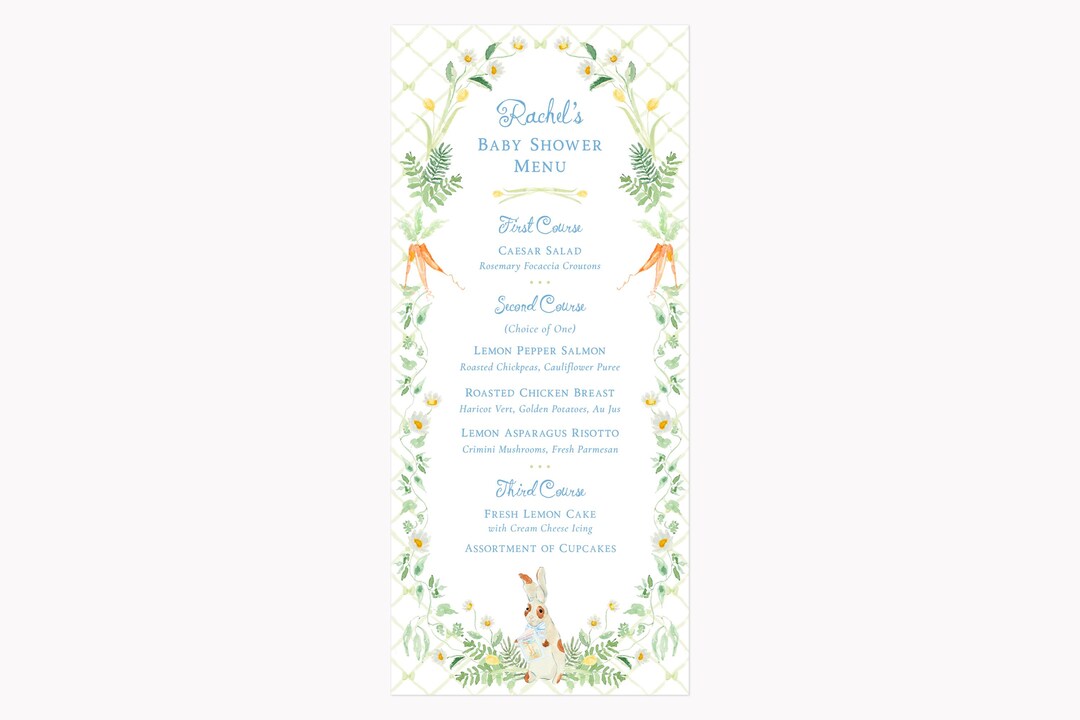 Printed Velveteen Rabbit Menu Set | Custom Storybook Spring Baby Shower ...