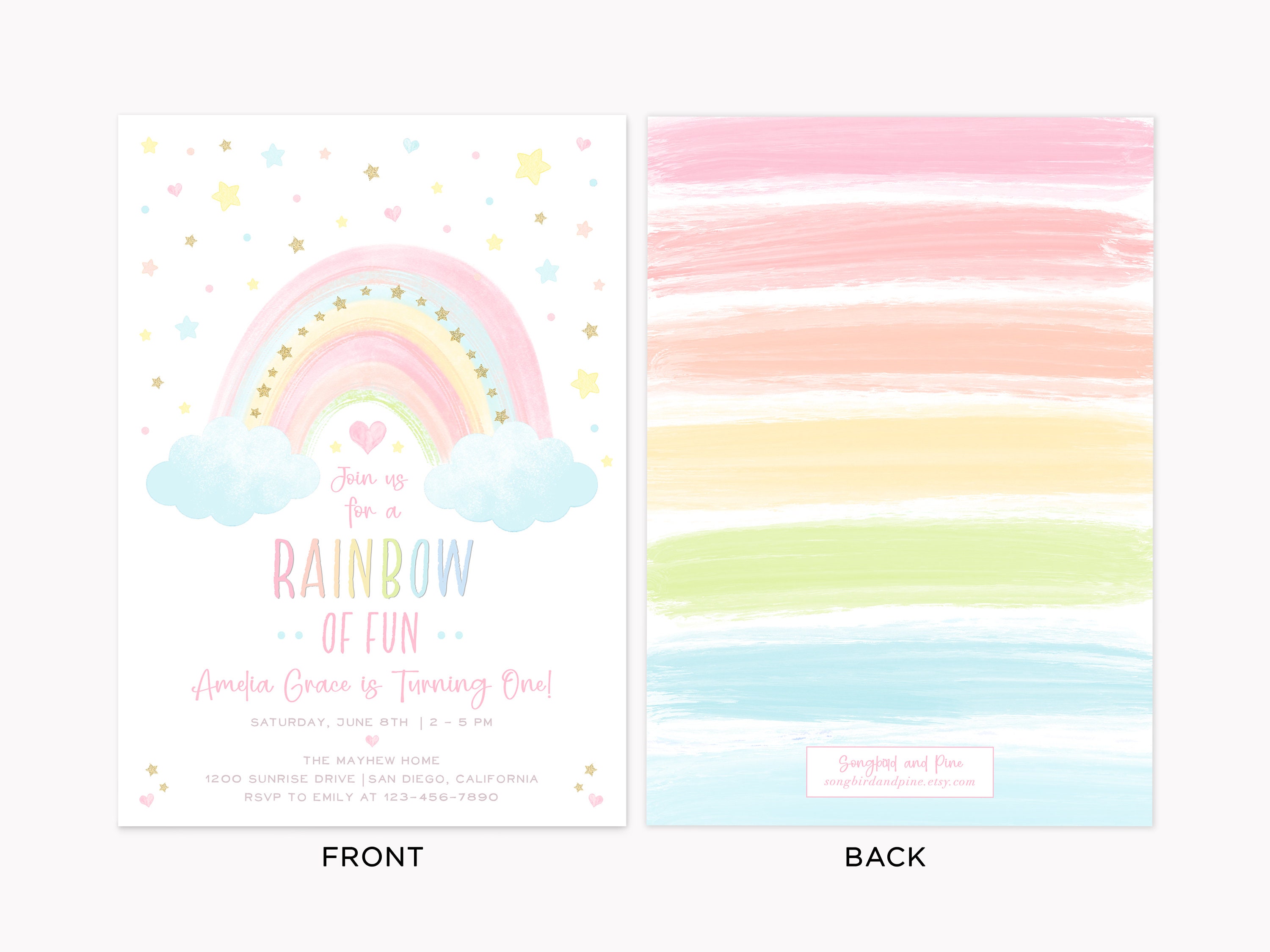 Printed Pastel Rainbow Invitation Set Custom 5x7 Watercolor Party ...