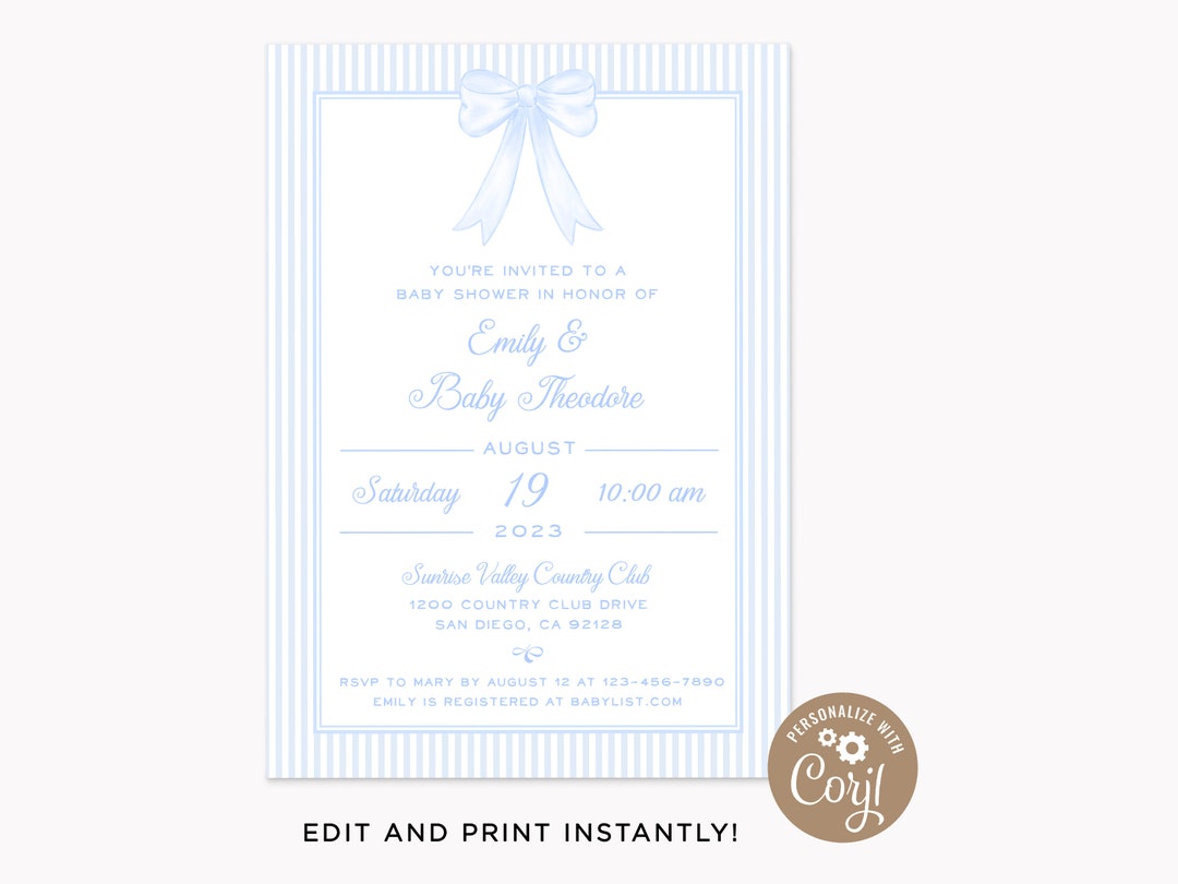 Printable Blue Bow Invitation Template DIY Editable 5x7 Baby - Etsy Canada
