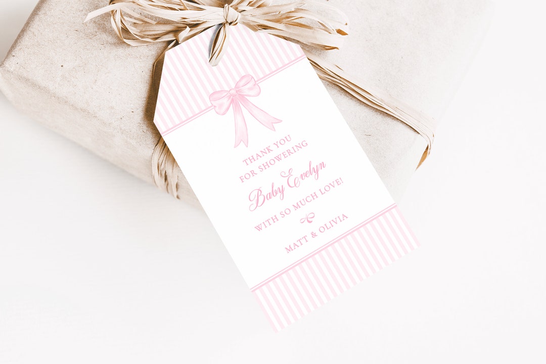 Printed Pink Bow Gift Tag Set Baby Shower Favor Tags for Baby Girl ...