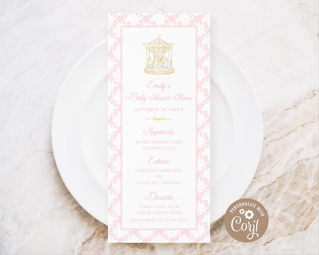 Printable Pink Carousel Menu Template DIY Editable 4x9 Baby Shower Menu ...