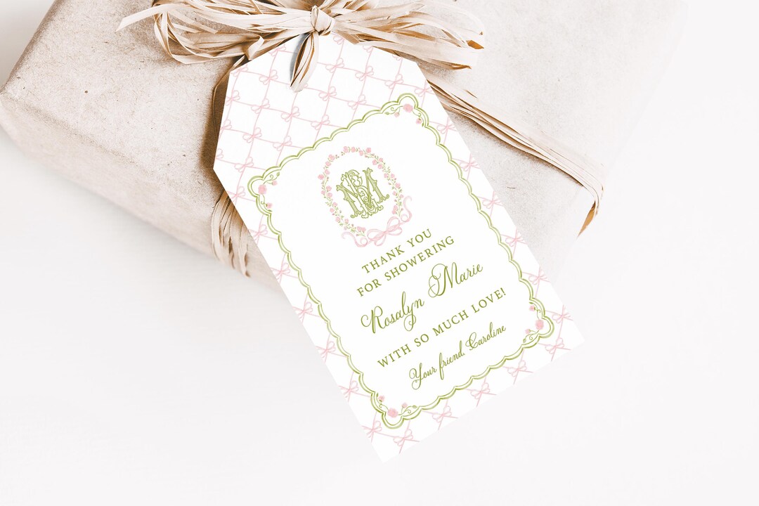 Coquette Rose Crest Gift Tags | Custom 2.25x4 Grandmillennial Monogram ...