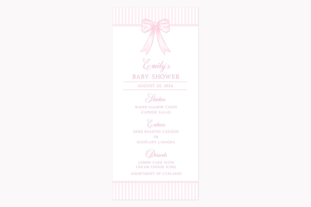 Pink Bow Menu Set | Custom Baby Shower Menus for Baby Girl ...