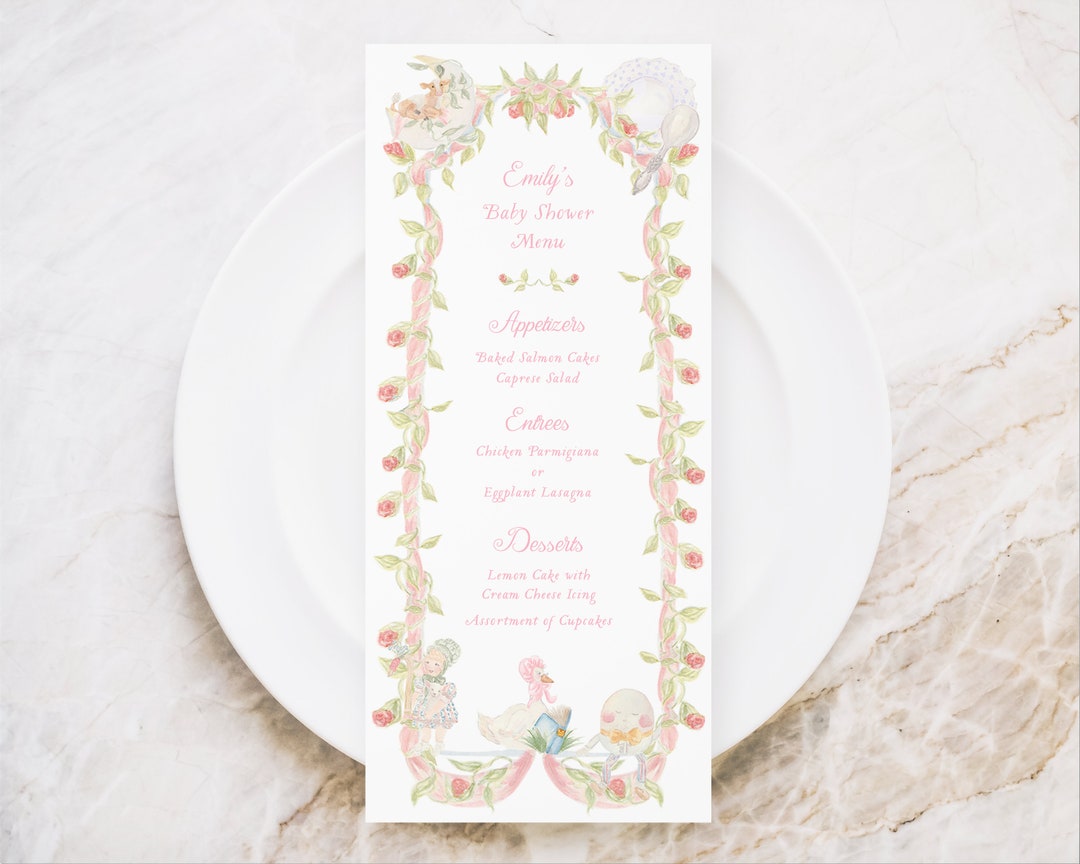 Printed Nursery Rhyme Menu Set Custom Baby Shower Menus for Baby Girl ...