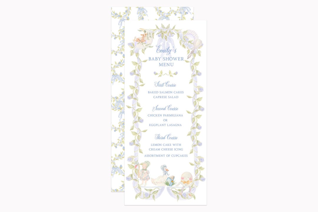 Printed Blue Nursery Rhyme Menu Set | Custom Mother Goose Baby Shower ...