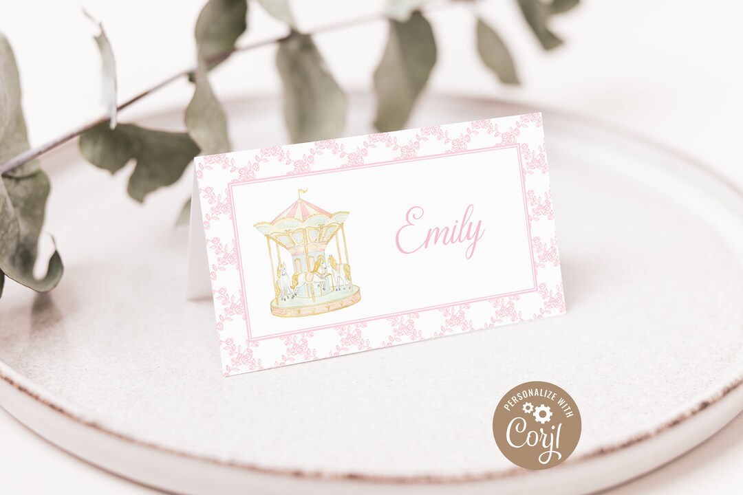 Printable Pink Carousel Place Card Template DIY Editable 3.5x2 Folded ...