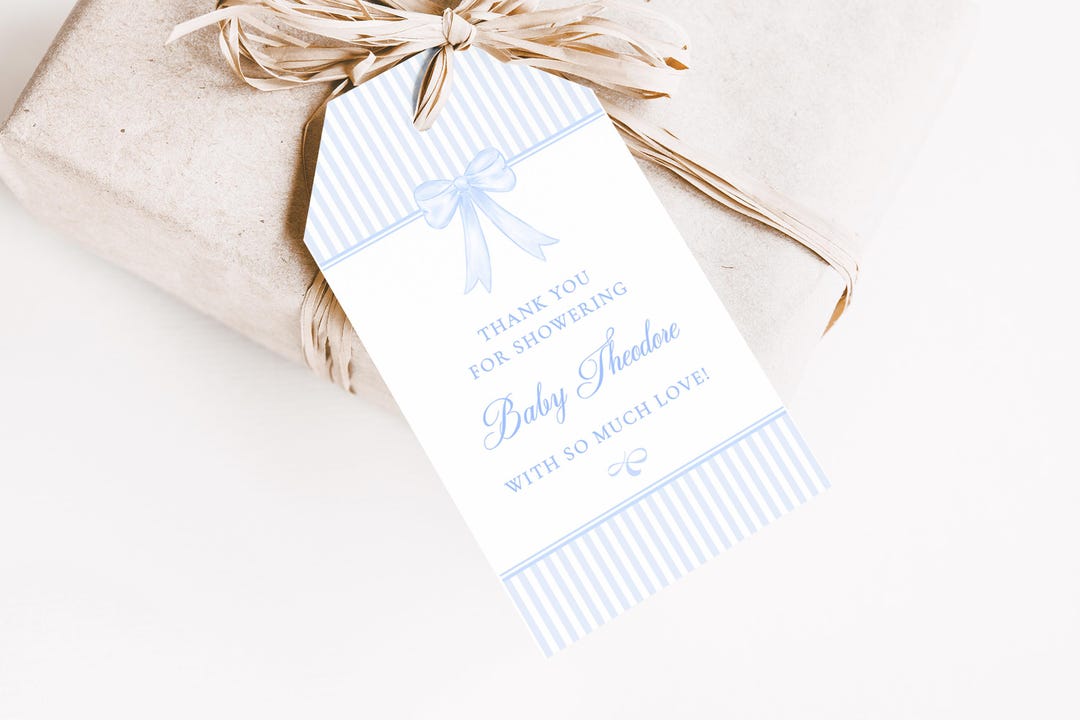 Printed Blue Bow Gift Tag Set | Custom 2.25x4 Baby Shower Party Favors ...