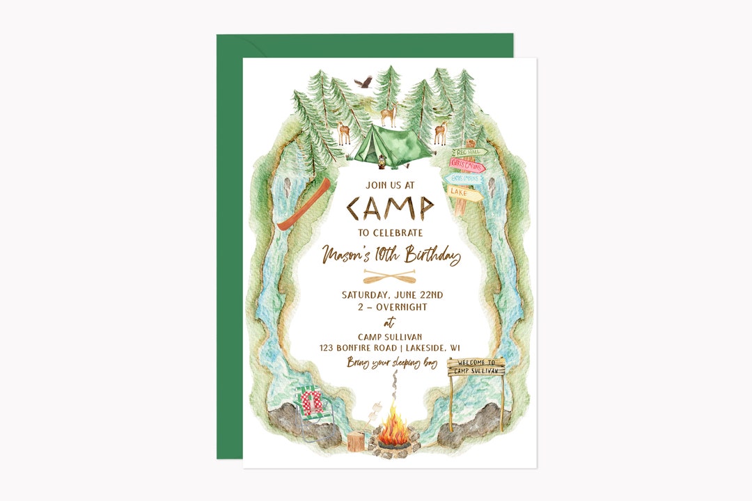 Summer Camp Invitation Set Custom Watercolor Outdoorsy Birthday Party ...