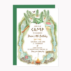 Summer Camp Invitation Set Custom Watercolor Outdoorsy Birthday Party ...