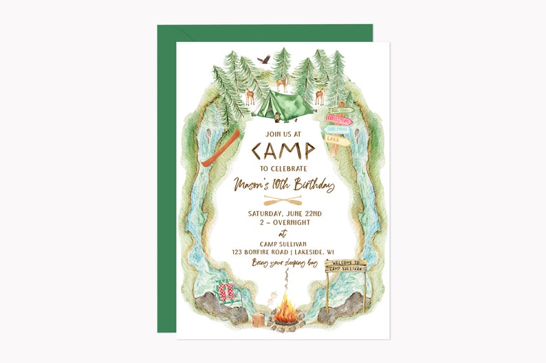 Summer Camp Invitation Set Custom Watercolor Outdoorsy Birthday Party ...