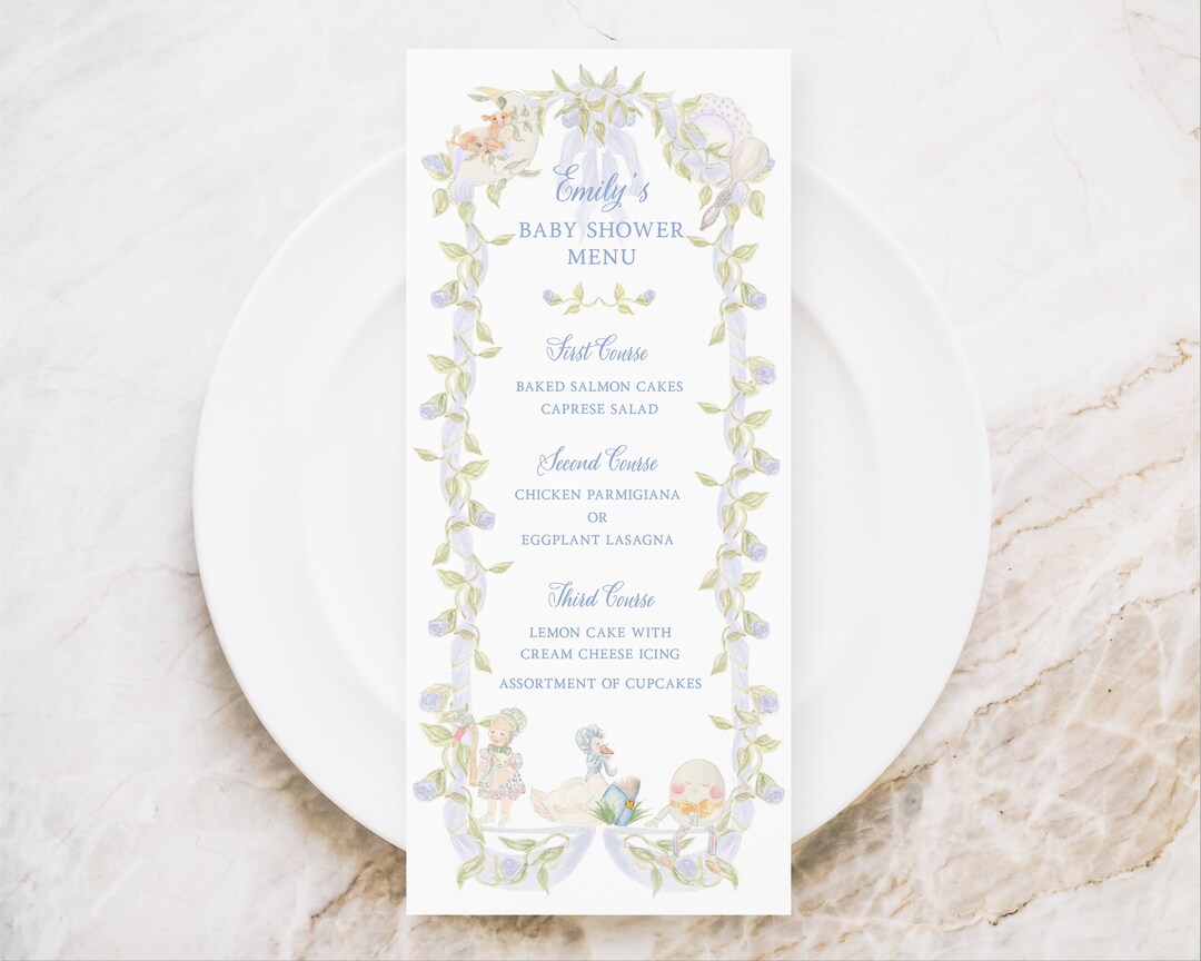 Blue Nursery Rhyme Menu Set Custom 4x9 Storybook Baby Shower Menus for ...