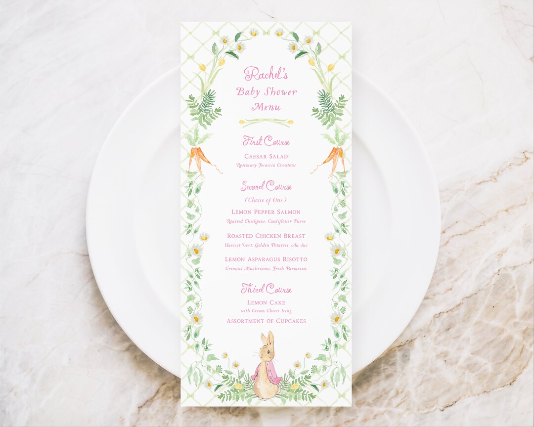 Editable Girl Rabbit Menu Template DIY Printable 4x9 Spring Baby Shower ...