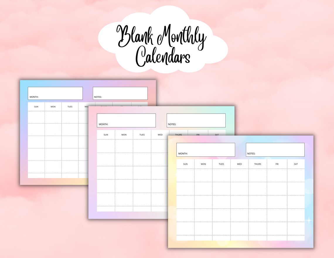 Blank Calendar Printable, Pastel Blank Calendar 8.5 X 11 Inches ...