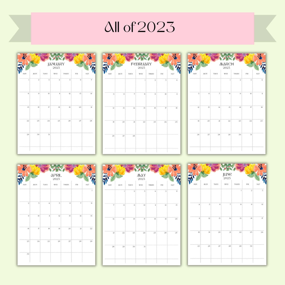 2022 2023 2024 Monthly Calendar Bundle Floral Printable - Etsy
