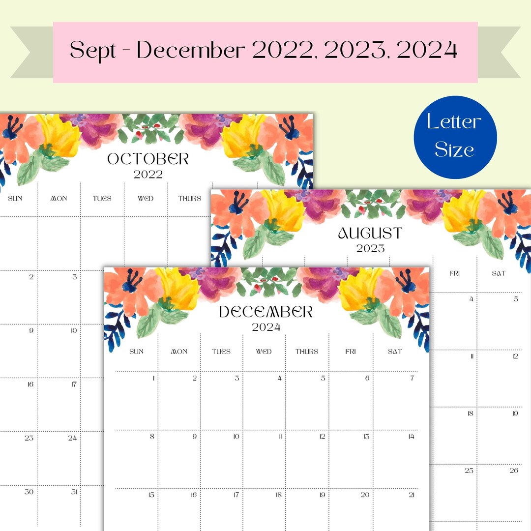 2022 2023 2024 Monthly Calendar Bundle, Floral Printable Calendars ...