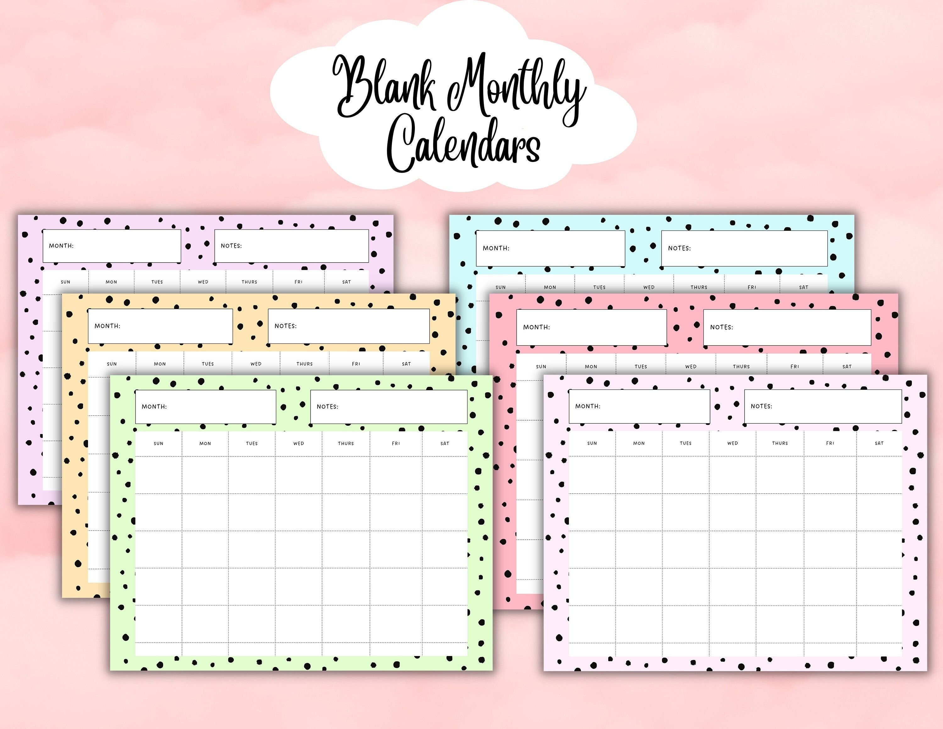 Blank Calendar Printable, Blank Calendar Polka Dots 8.5 X 11 Inches ...