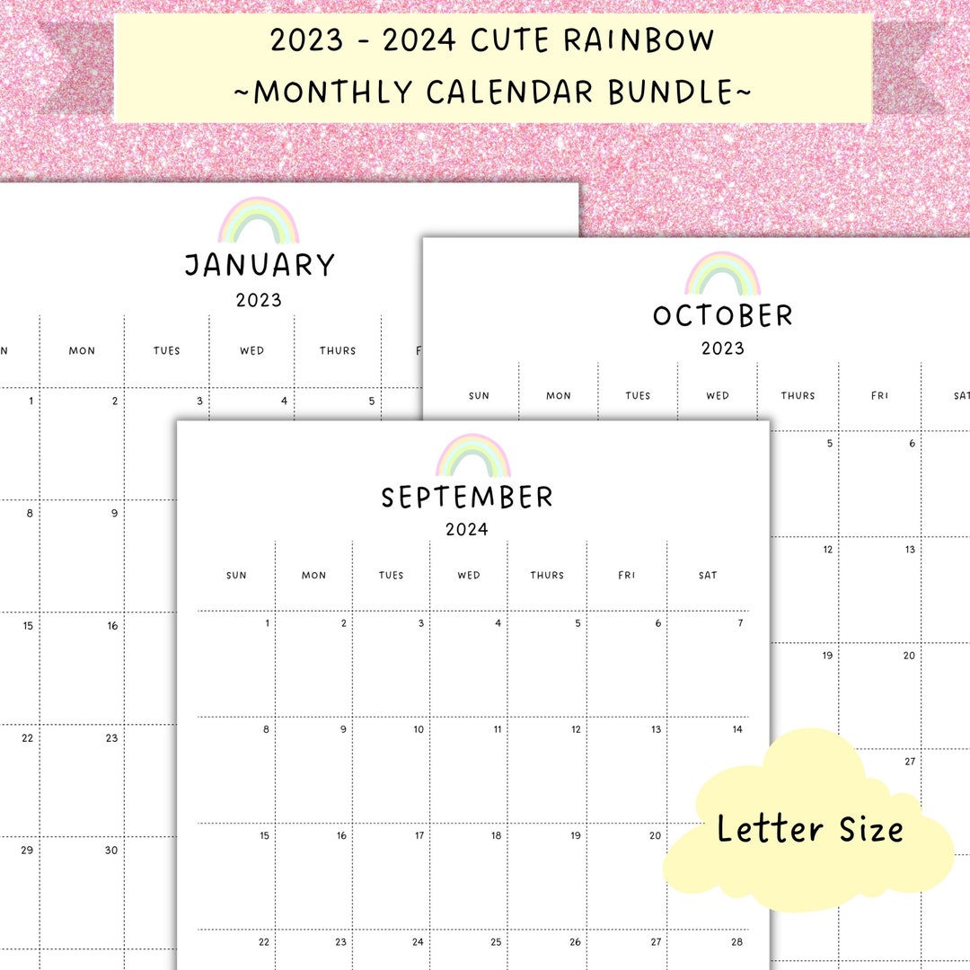 2022 2023 2024 Cute Monthly Calendars Bundle, Rainbow Printable ...