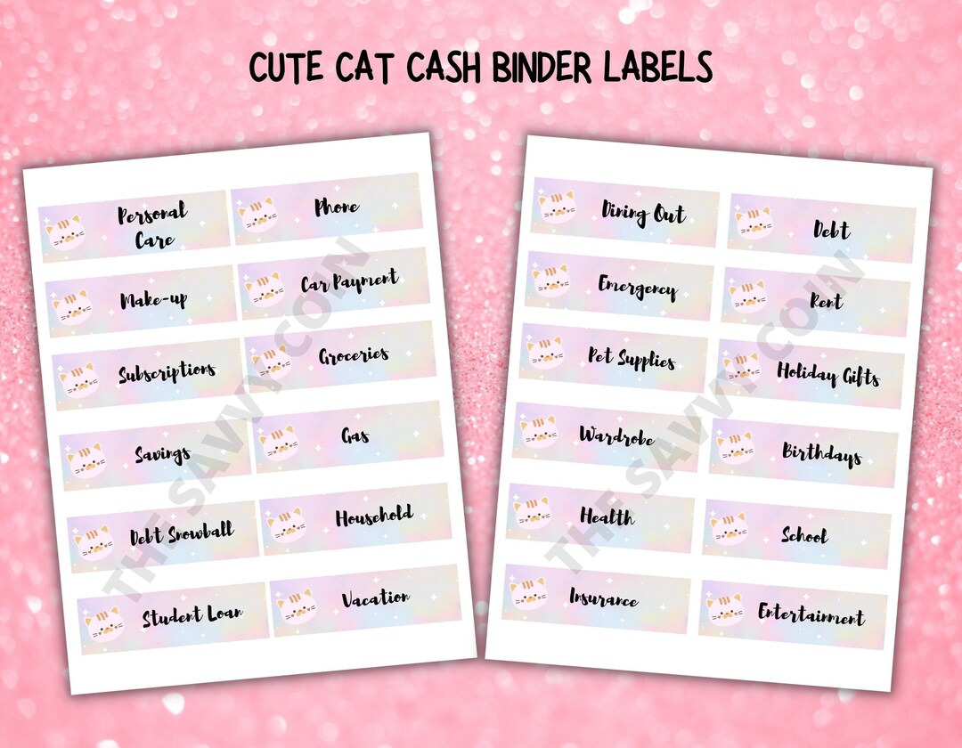 Cash Binder Labels, Cute Cat Cash Binder Labels, Printable Cash Binder ...