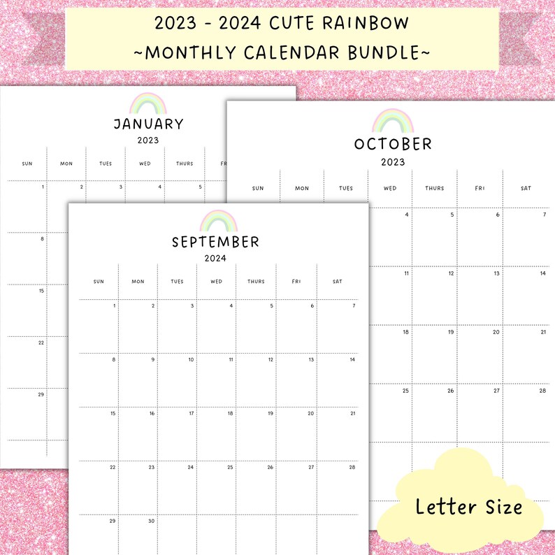 2022 2023 2024 Cute Monthly Calendars Bundle Rainbow - Etsy