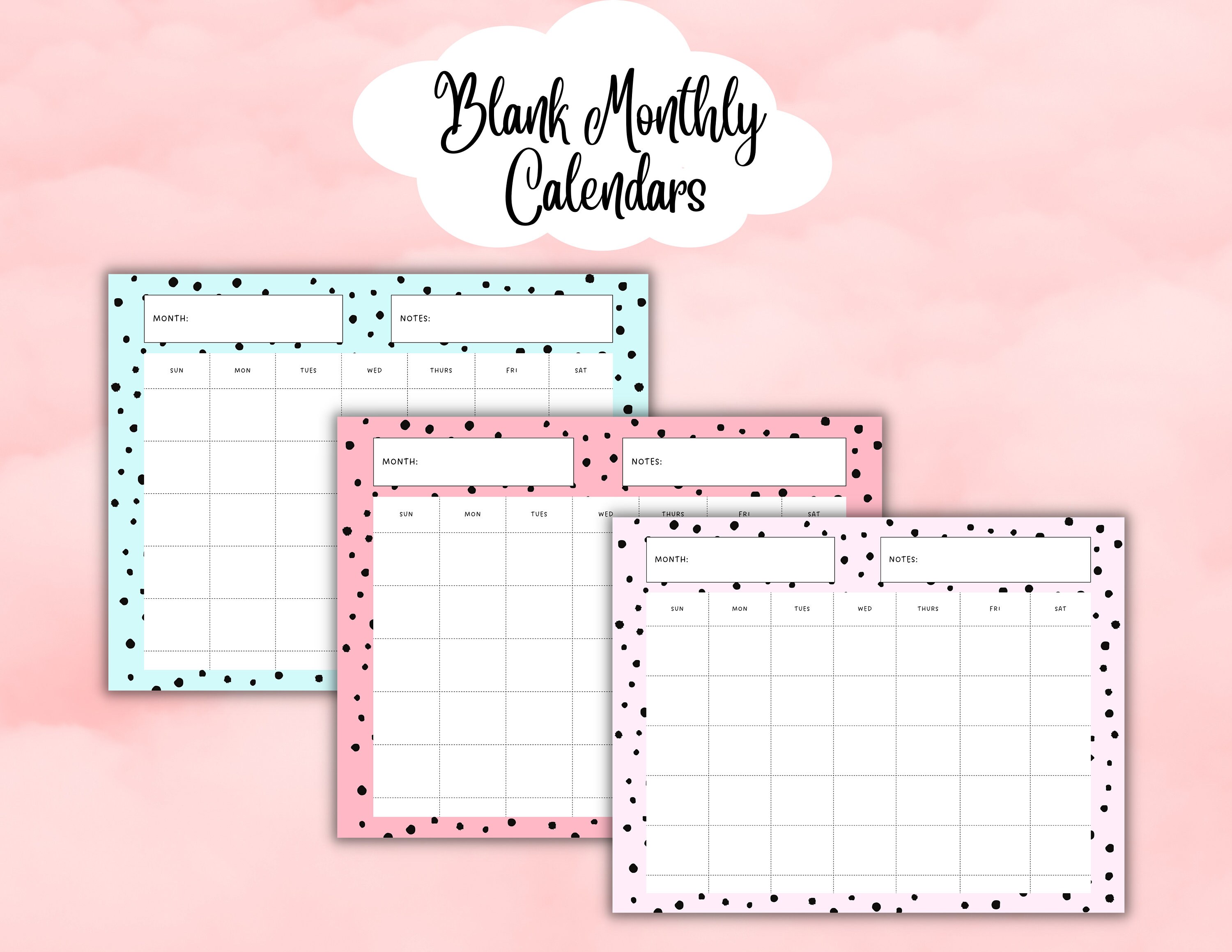 Blank Calendar Printable, Blank Calendar Polka Dots 8.5 X 11 Inches ...