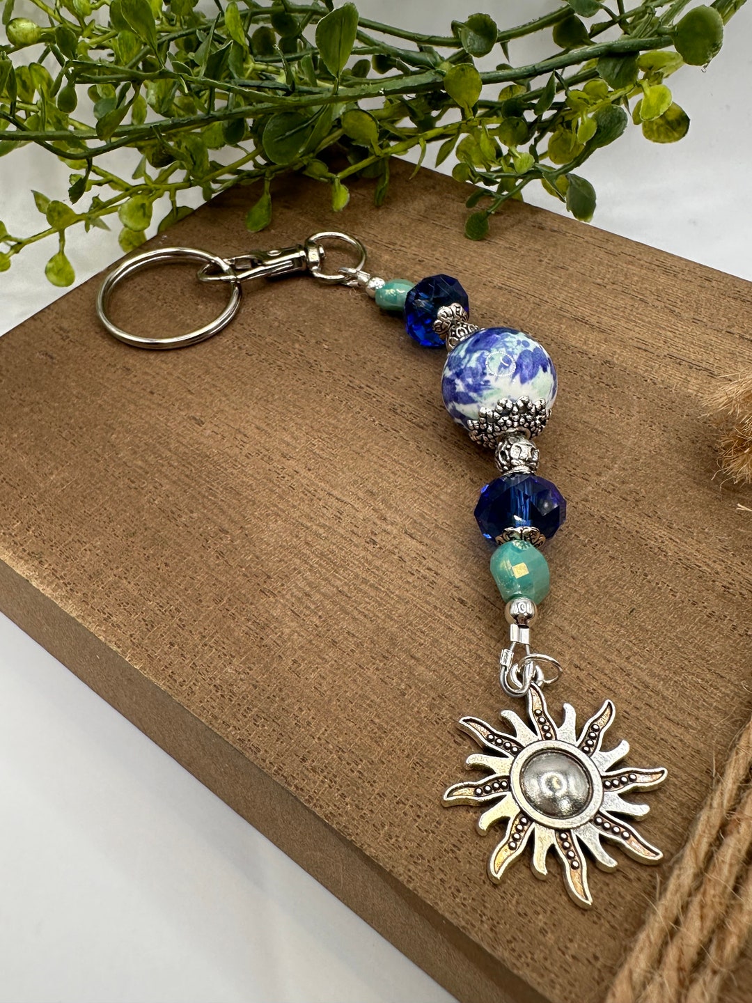 Keychain, Beaded Keychain, Blue, Teal, and Silver Boho Style Keychain ...