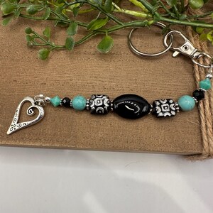 Keychain Beaded Keychain, Turquoise and Black With Silver Boho Style ...