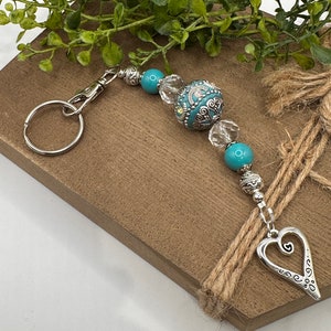 Keychain, Beaded Keychain, Turquoise and Silver Boho Style Keychain ...