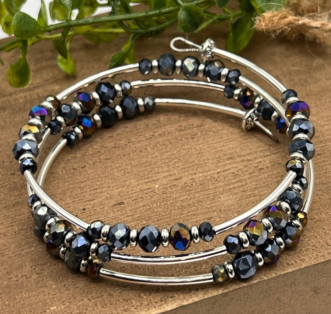 Black Iridescent Beaded Boho 3 Coil Memory Wire Cuff Bracelet, Black ...