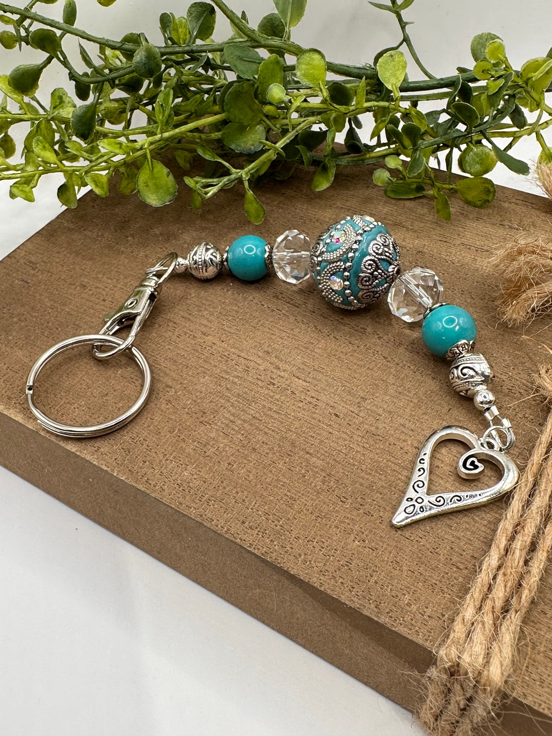 Keychain, Beaded Keychain, Turquoise and Silver Boho Style Keychain ...