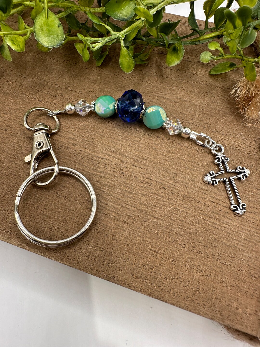 Keychain Beaded Keychain, Blue, Teal, Crystal and Silver Boho Style ...