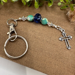 Keychain Beaded Keychain, Blue, Teal, Crystal and Silver Boho Style ...