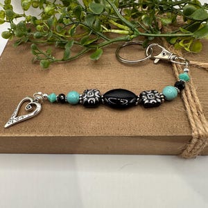 Keychain Beaded Keychain, Turquoise and Black With Silver Boho Style ...