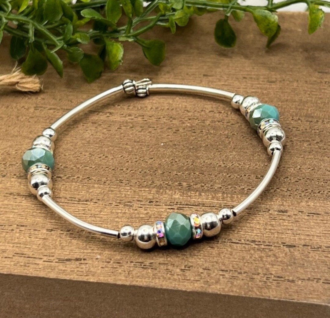 Sea Foam Green AB and Silver Bangle Bracelet, Minimalist Style, Memory ...