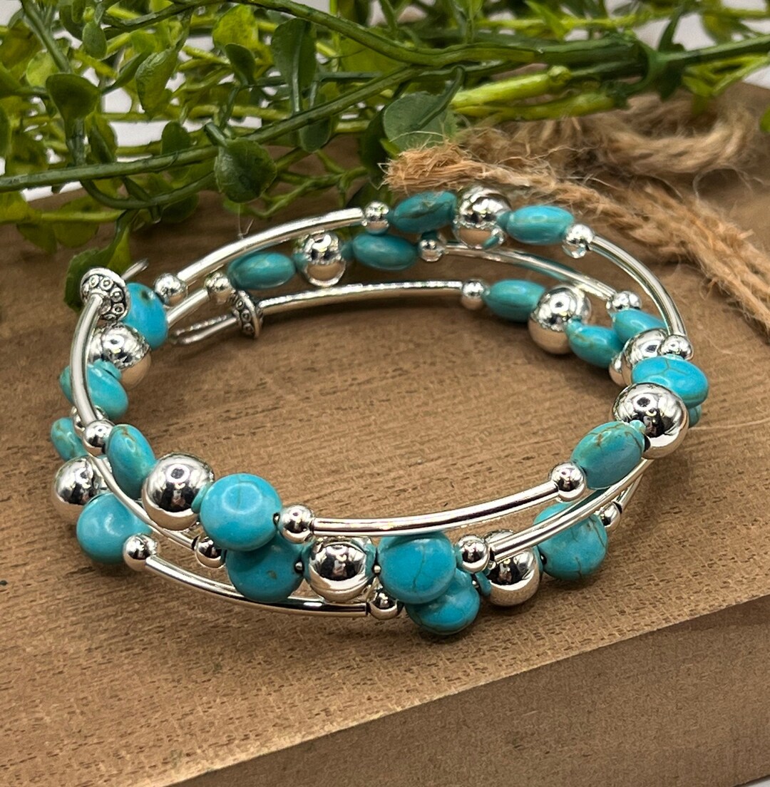 Turquoise and Silver Beaded Boho 3 Coil Memory Wire Cuff Bracelet ...