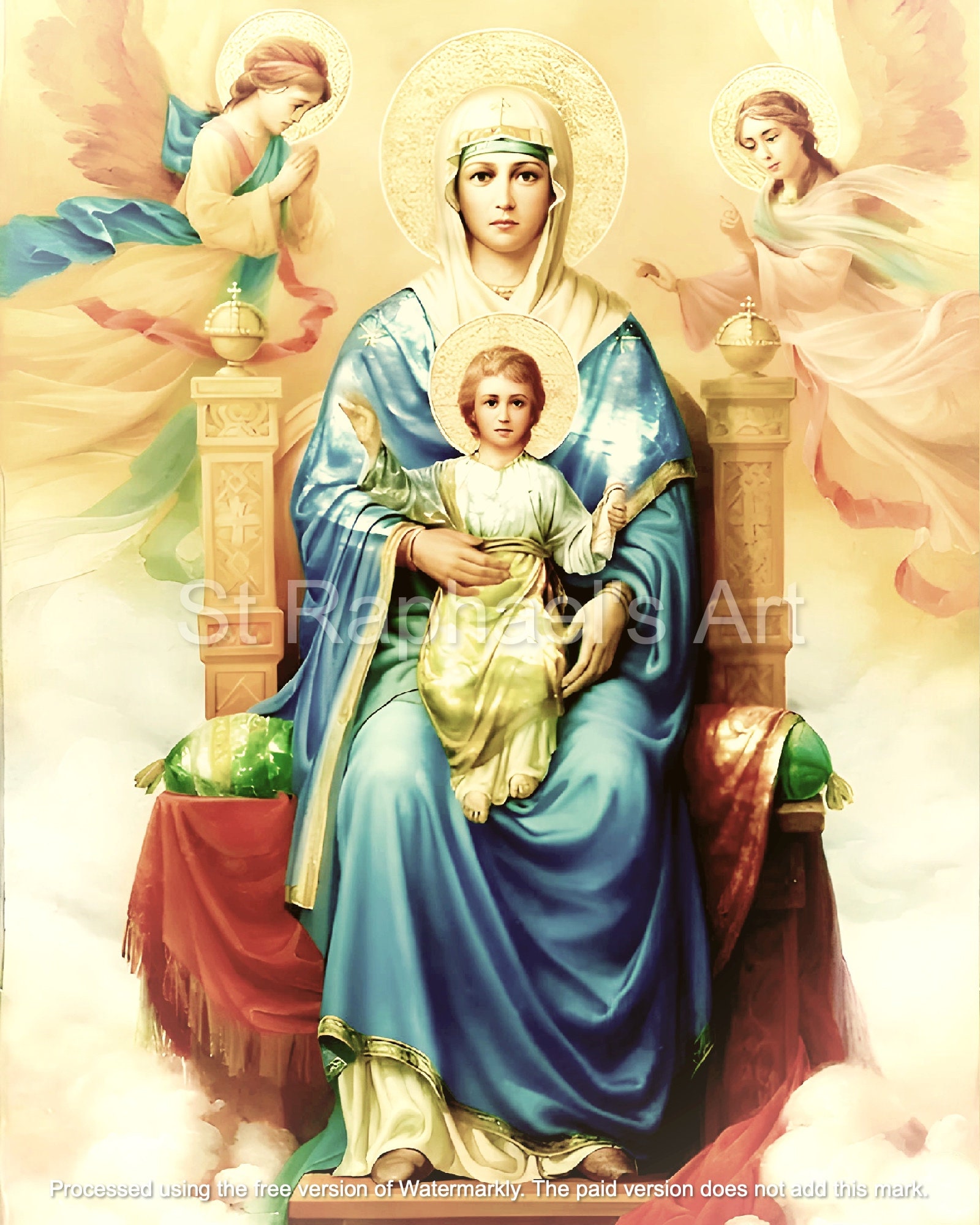 Virgin Mary Icon - Queen of Heaven - Angels - Throne - Child Jesus ...