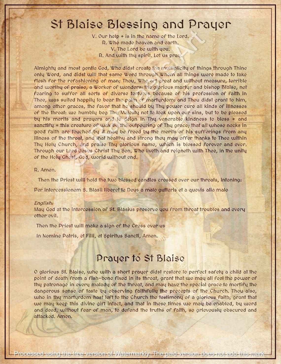 St Blaise Blessing Prayer Throats Holy Picture February 3rd Catholic ...
