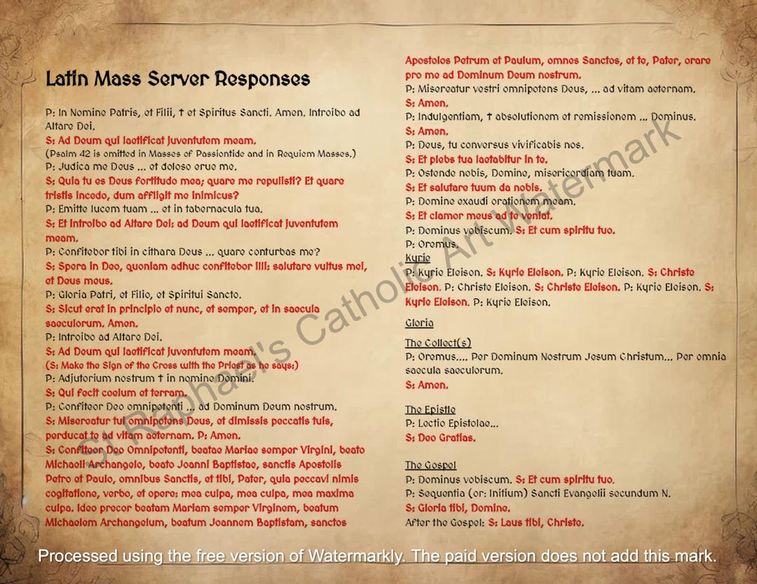 Latin Mass Server Response Prayer Card Holy Sacrifice of the Mass Pre ...