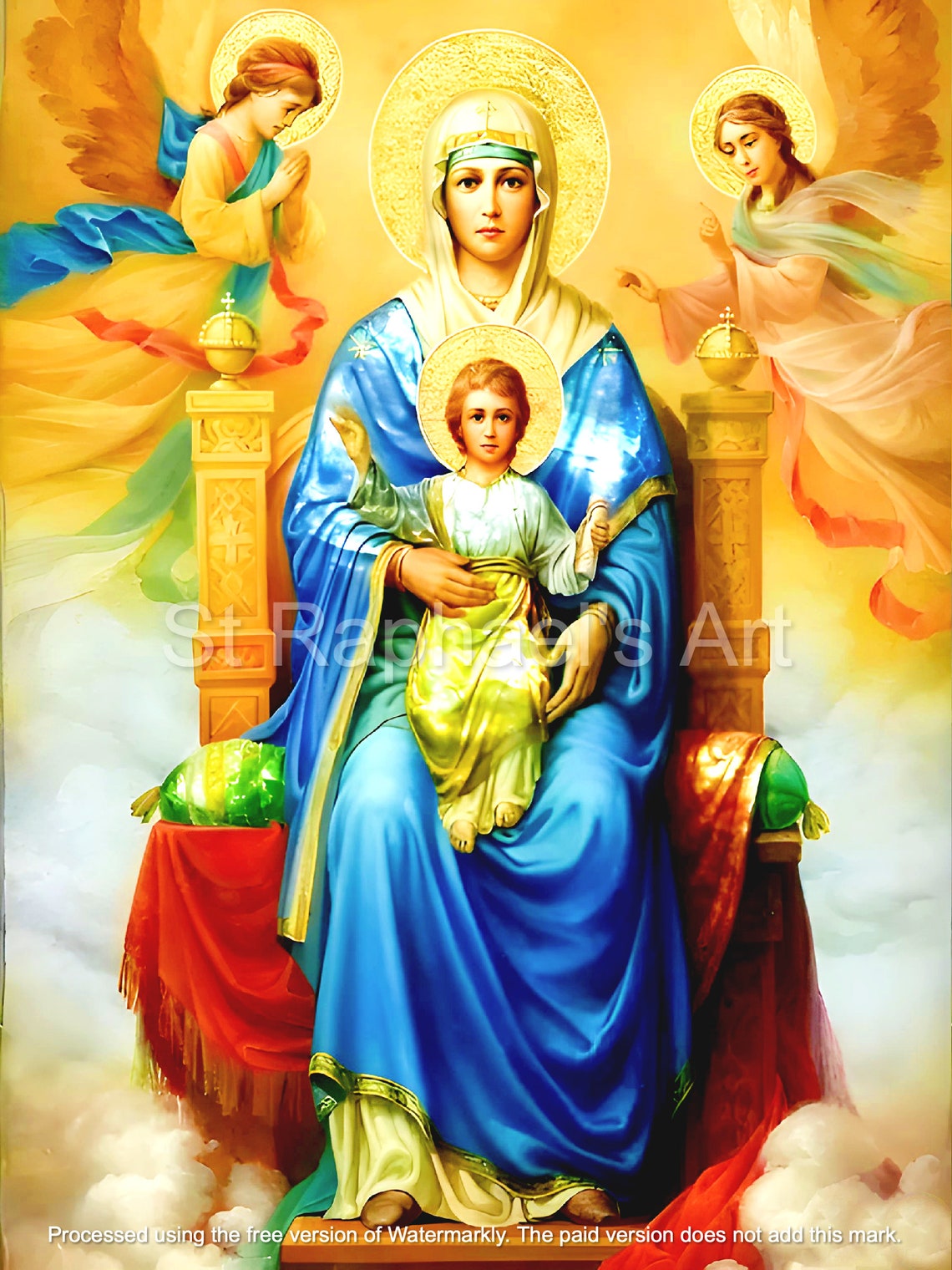 Virgin Mary Icon - Queen of Heaven - Angels - Throne - Child Jesus ...