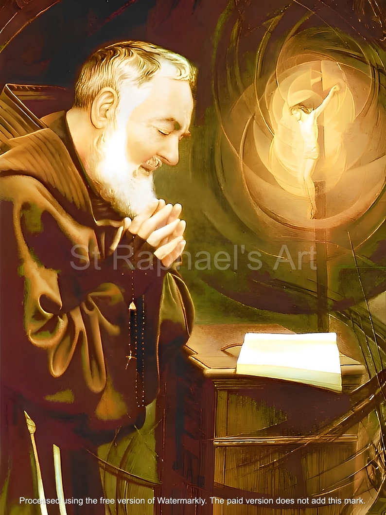 Padre Pio Praying To Jesus Crucifix Holy Saint Catholic Digital Art Etsy