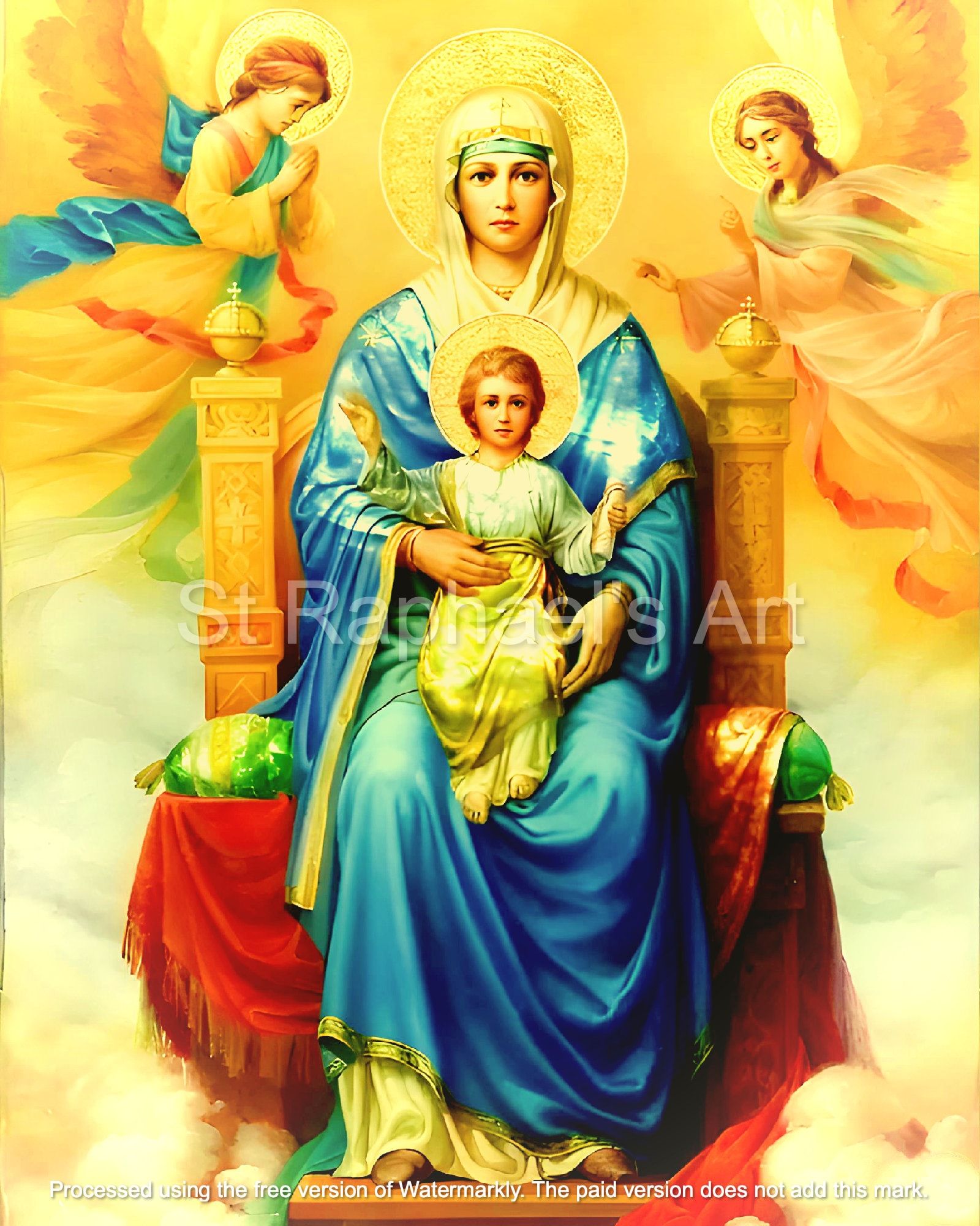 Virgin Mary Icon Queen Of Heaven Angels Throne Child Jesus