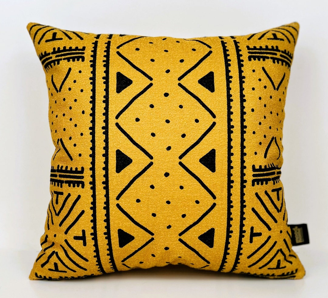 African Mudcloth Pattern Caramel Black Pillow Cover, Black Cushion ...