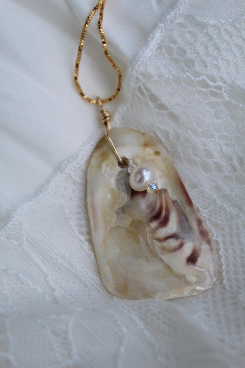 Oyster Shell Necklace With Fresh Water Pearl & Swarovski Crystals - Etsy