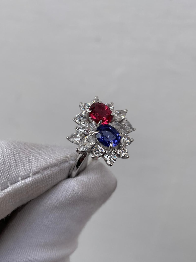 Blue Sapphire and Red Ruby Ring, Cluster Ring, Two Stone Ring, 925 ...