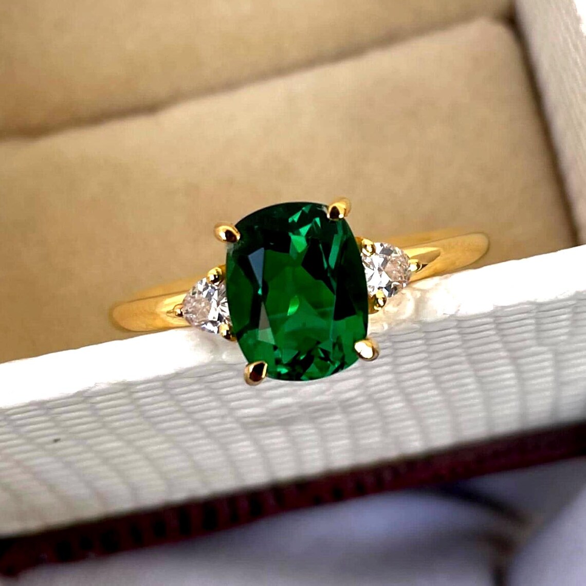 Green Emerald Ring, 14k Solid Gold Ring, Toi Et Moi Ring, Green Emerald ...