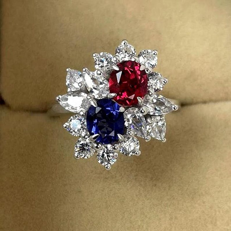 Blue Sapphire and Red Ruby Ring, Cluster Ring, Two Stone Ring, 925 ...