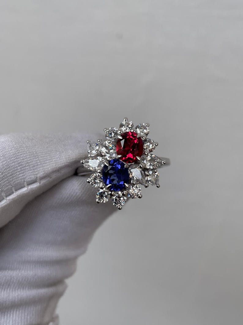 Blue Sapphire and Red Ruby Ring, Cluster Ring, Two Stone Ring, 925 ...