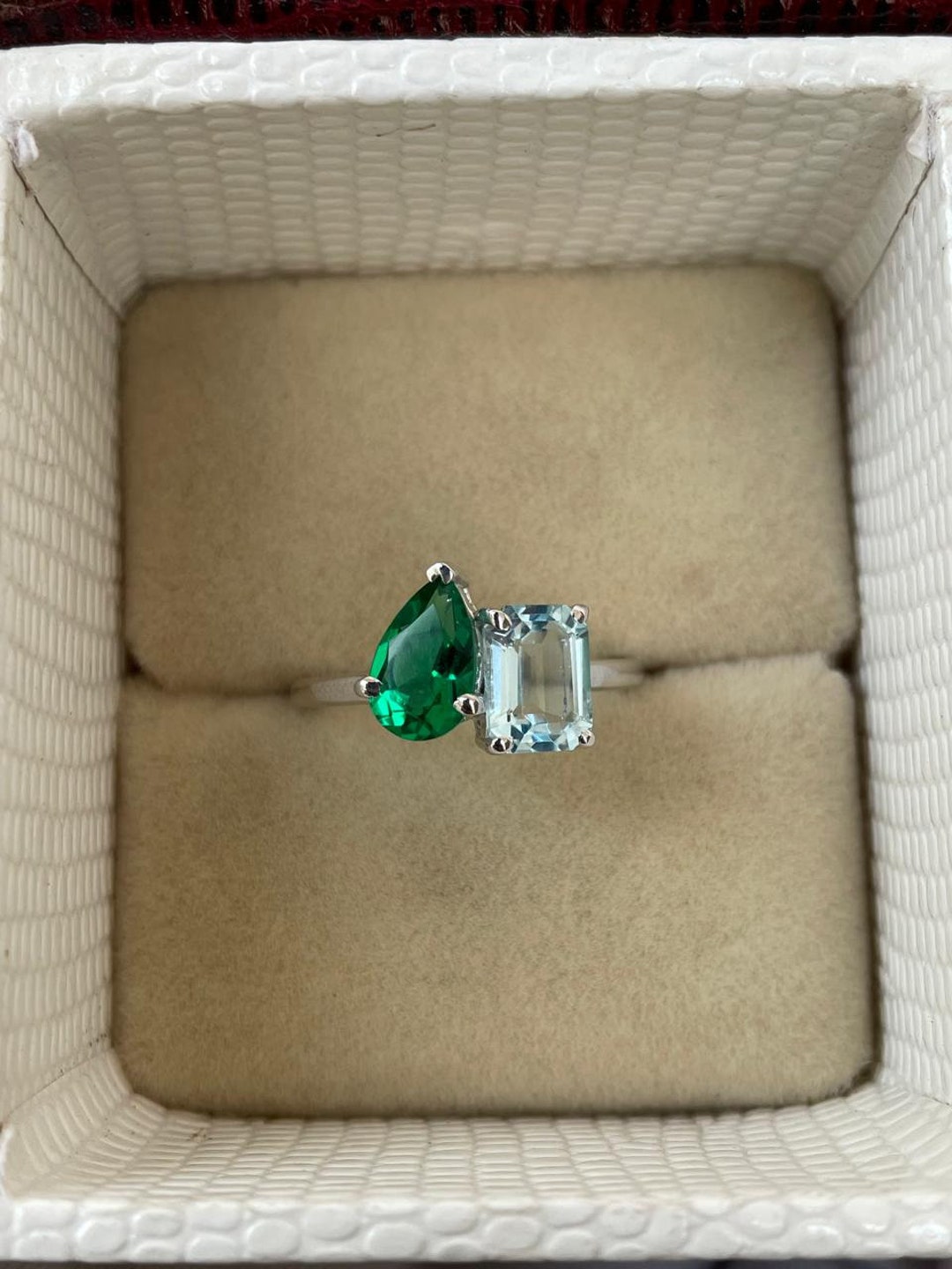 925 Sterling Silver, Emerald and Aquamarine Ring, Two Stone Ring ...