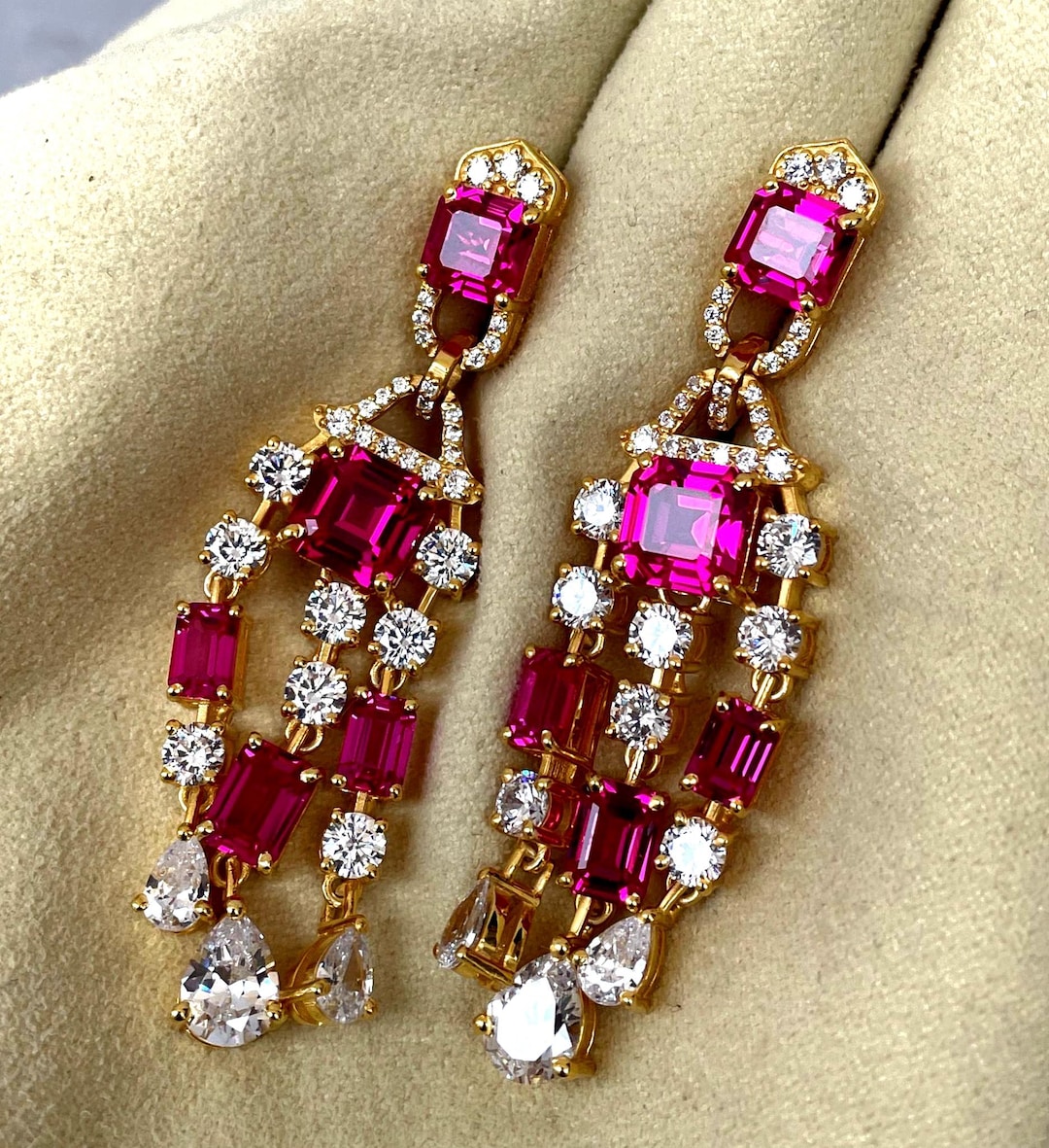 Red Ruby Earrings, Luxury Ruby Asscher Cut Earrings, Ruby Chandelier ...