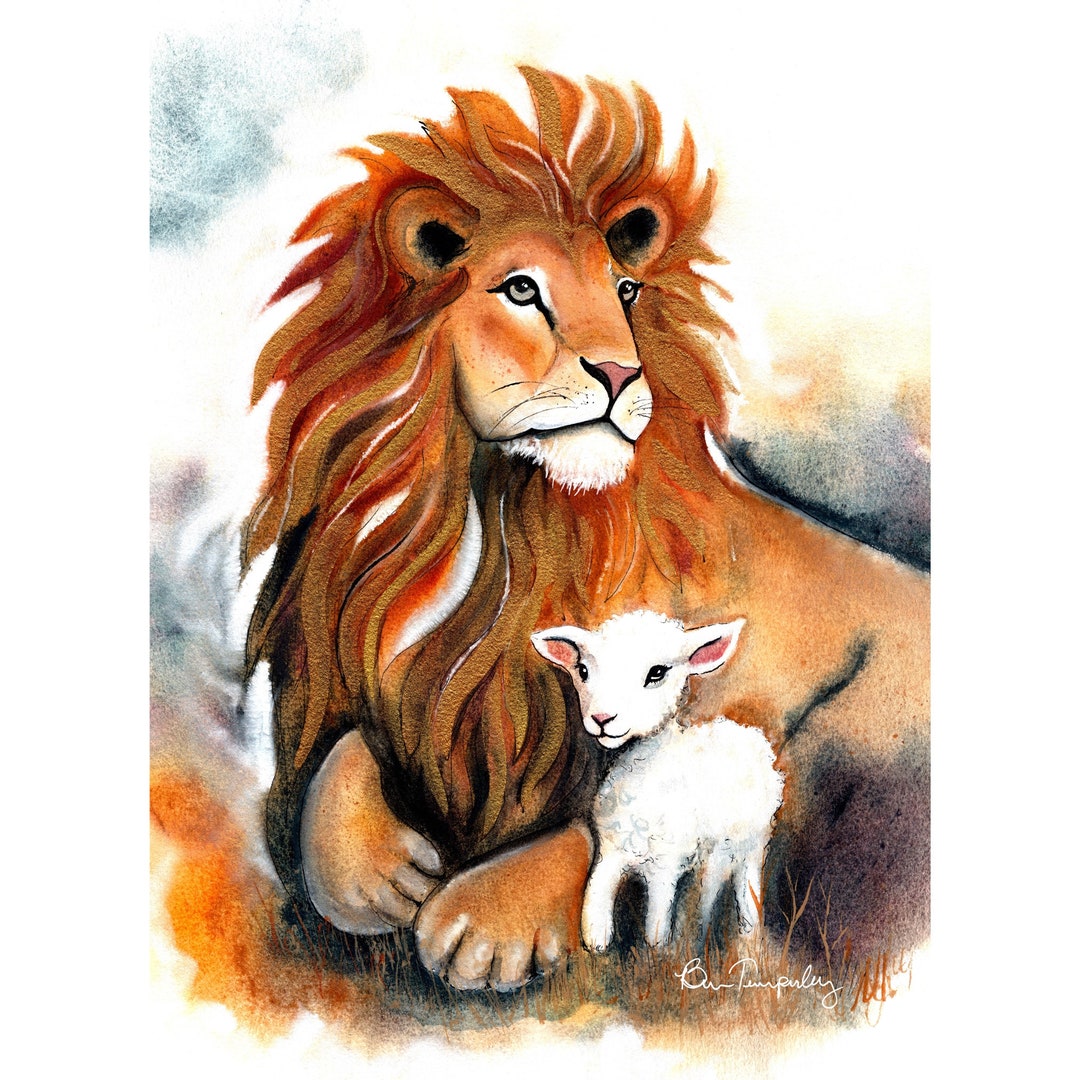 Lion and Lamb Watercolor Painting, Lion Lamb, Lion Artwork, Lamb, Lion ...