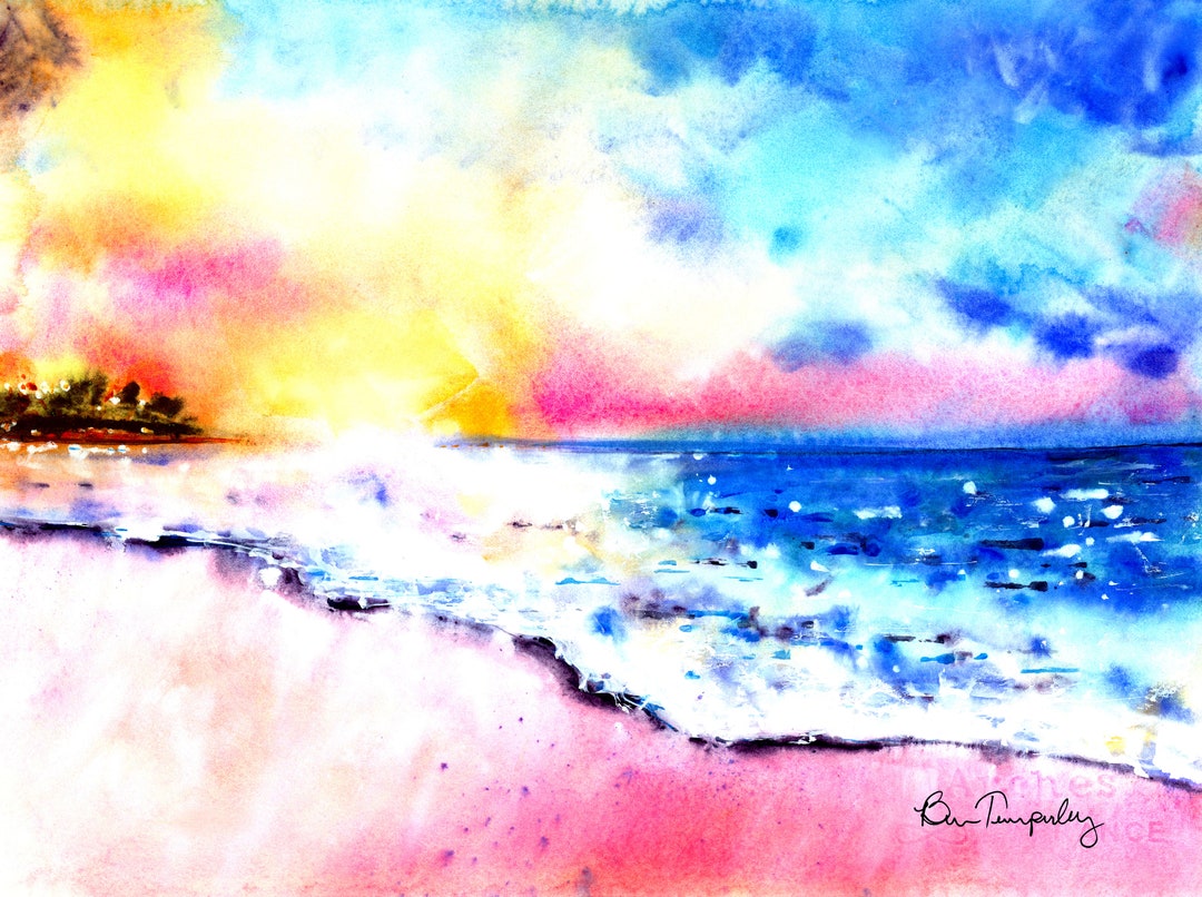 Tropical Beach Sunset Painting, Watercolor Beach, Ocean Waves, Ocean ...